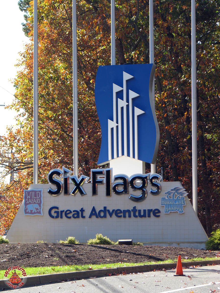 Six Flags Blue Banner Highway Sign at Six Flags Great Adventure